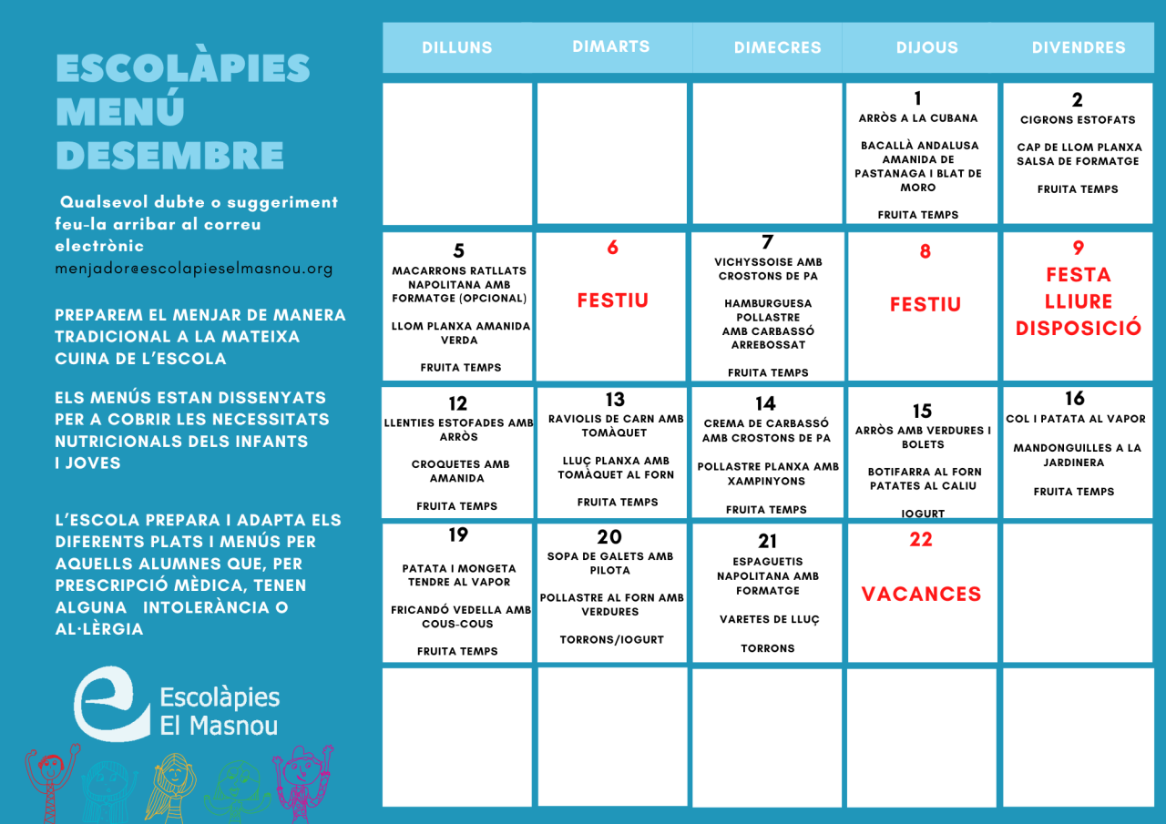 Menú escolar | Col·legi Escolàpies El Masnou